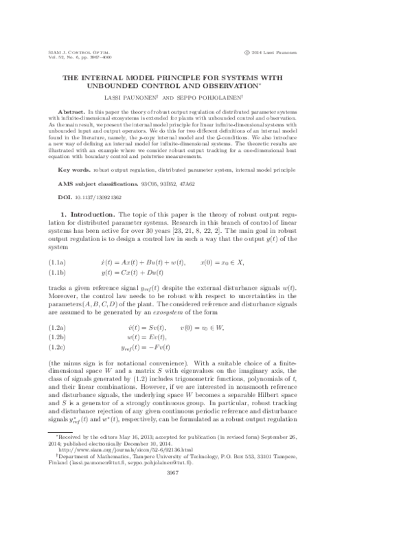 (PDF) The Internal Model Principle for Systems with Unbounded Control and Observation