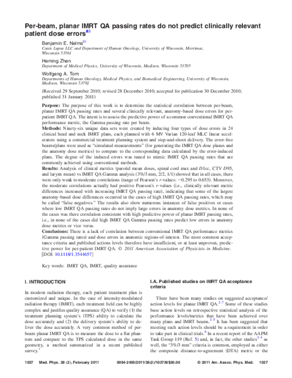 Pdf Per Beam Planar Imrt Qa Passing Rates Do Not Predict Clinically Relevant Patient Dose Errors