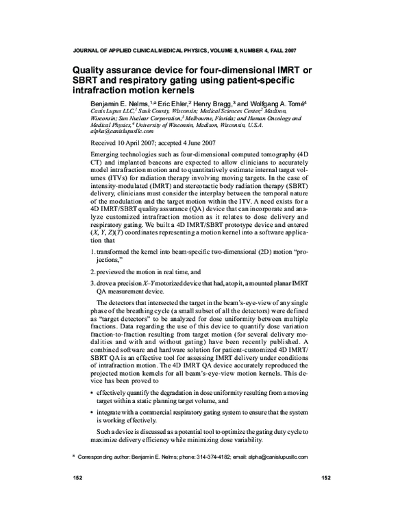(PDF) Quality assurance device for four-dimensional IMRT or SBRT and respiratory gating using ...