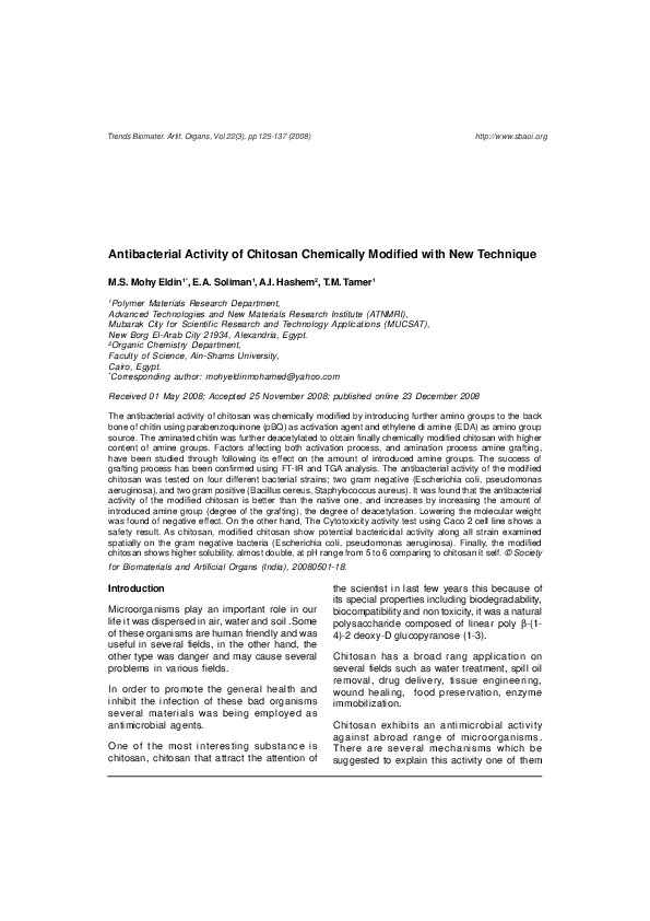 (PDF) Antibacterial activity of chitosan chemically modified with new technique