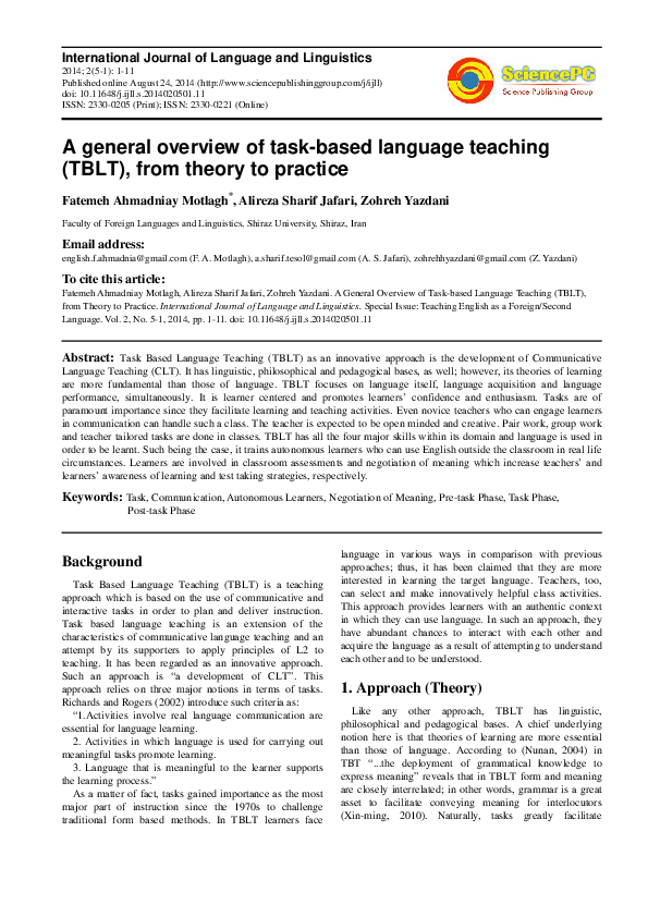 Pdf A General Overview Of Task Based Language Teaching Tblt From Theory To Practice