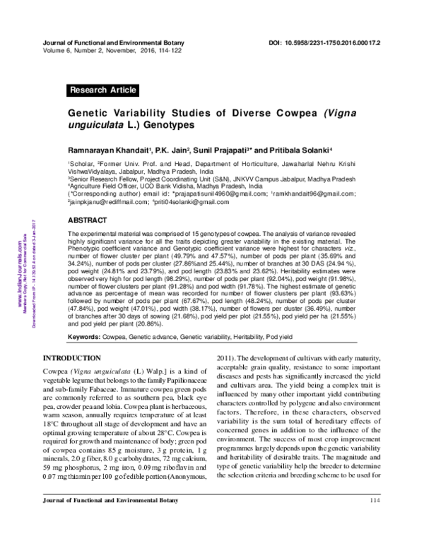 (PDF) Genetic Variability Studies of Diverse Cowpea (Vigna unguiculata L.) Genotypes