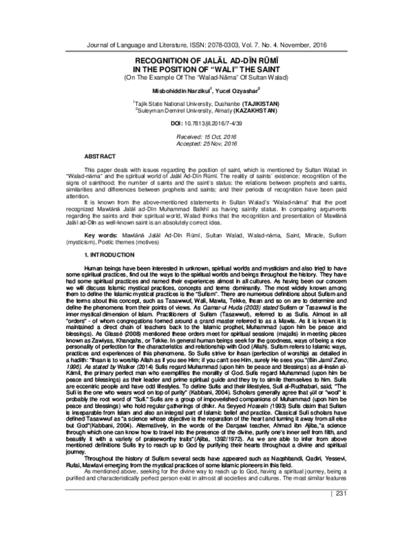 (PDF) RECOGNITION OF JALĀL AD-DĪN RŪMĪ IN THE POSITION OF " WALI " THE ...