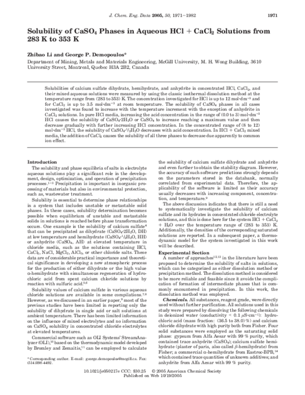 (PDF) Solubility of CaSO4 phases in aqueous HCl + CaCl2solutions from ...