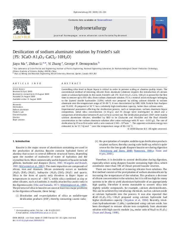 (PDF) Desilication of sodium aluminate solution by Friedel's salt (FS ...