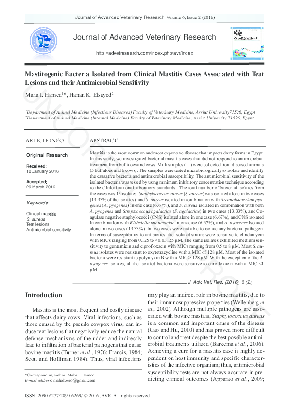 (PDF) Mastitogenic Bacteria Isolated from Clinical Mastitis Cases ...