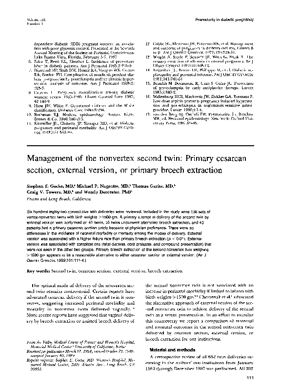 (PDF) Management of the nonvertex second twin: Primary cesarean section ...