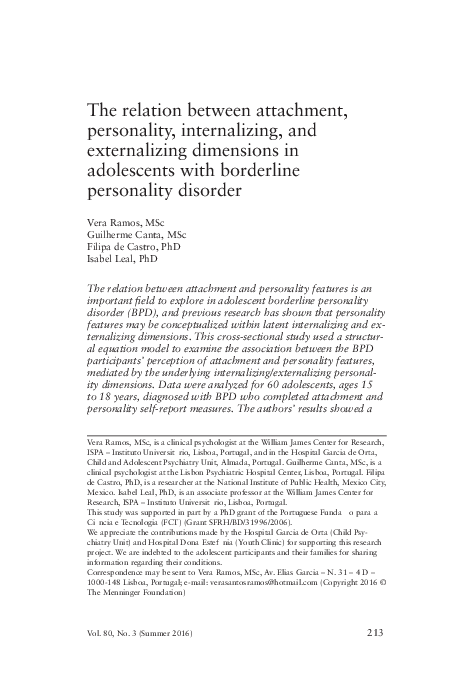 (PDF) The relation between attachment, personality, internalizing, and externalizing dimensions ...