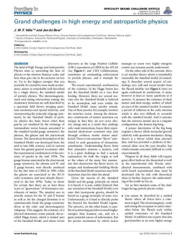 (PDF) Grand challenges in high energy and astroparticle physics