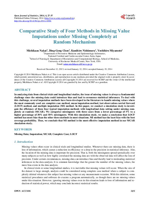 (PDF) Comparative Study of Four Methods in Missing Value Imputations under Missing Completely at ...