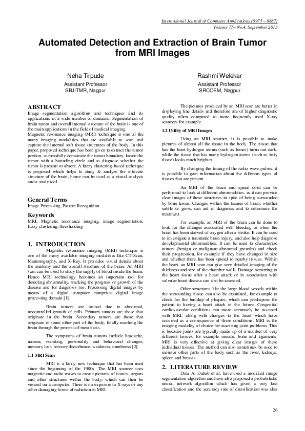 (PDF) Automated Detection and Extraction of Brain Tumor from MRI Images