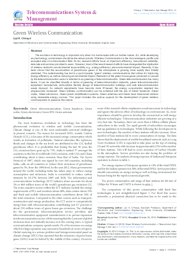 (PDF) Telecommunications System & Management Green Wireless Communication
