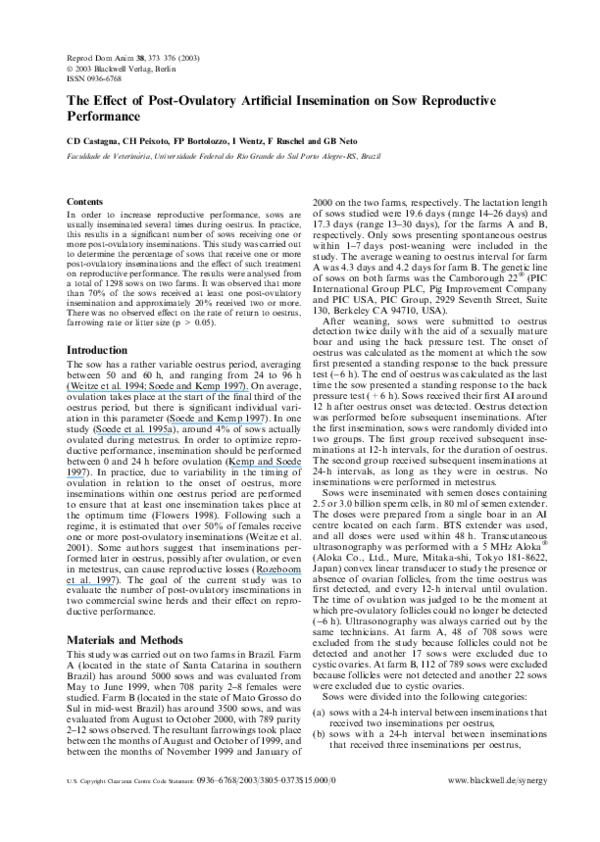 (PDF) The Effect of Post-Ovulatory Artificial Insemination on Sow Reproductive Performance ...