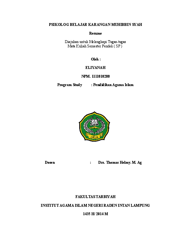 (DOC) PSIKOLOG BELAJAR KARANGAN MUHIBBIN SYAH tugas pak tomas
