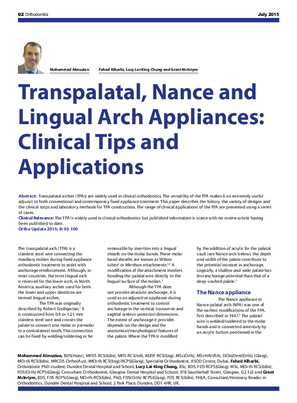 (PDF) Clinical applications of the transpalatal, Nance & lingual arch ...
