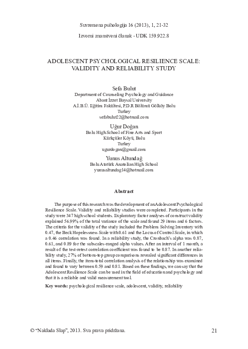 (PDF) ADOLESCENT PSYCHOLOGICAL RESILIENCE SCALE: VALIDITY AND RELIABILITY STUDY