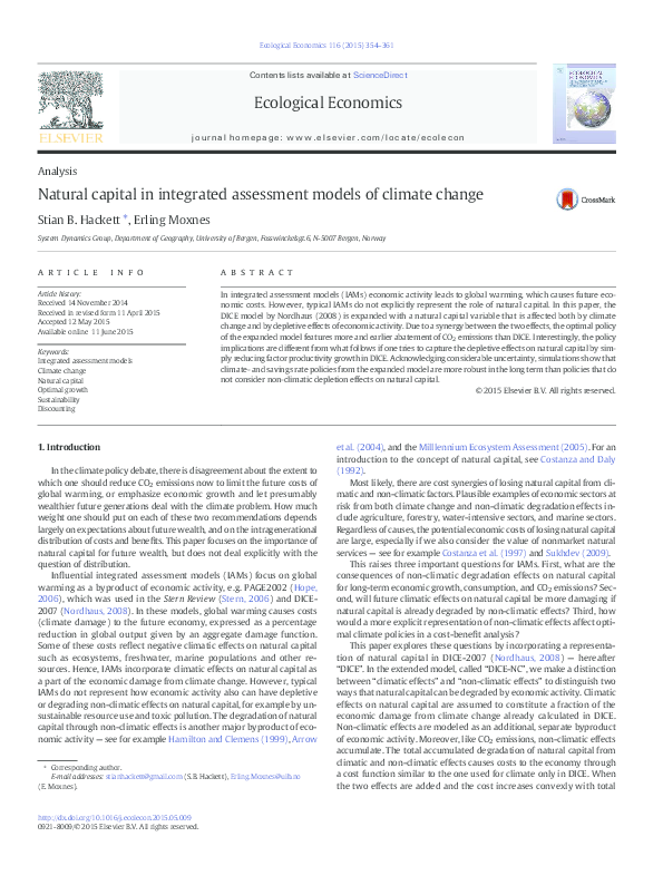 (PDF) Natural capital in integrated assessment models of climate change
