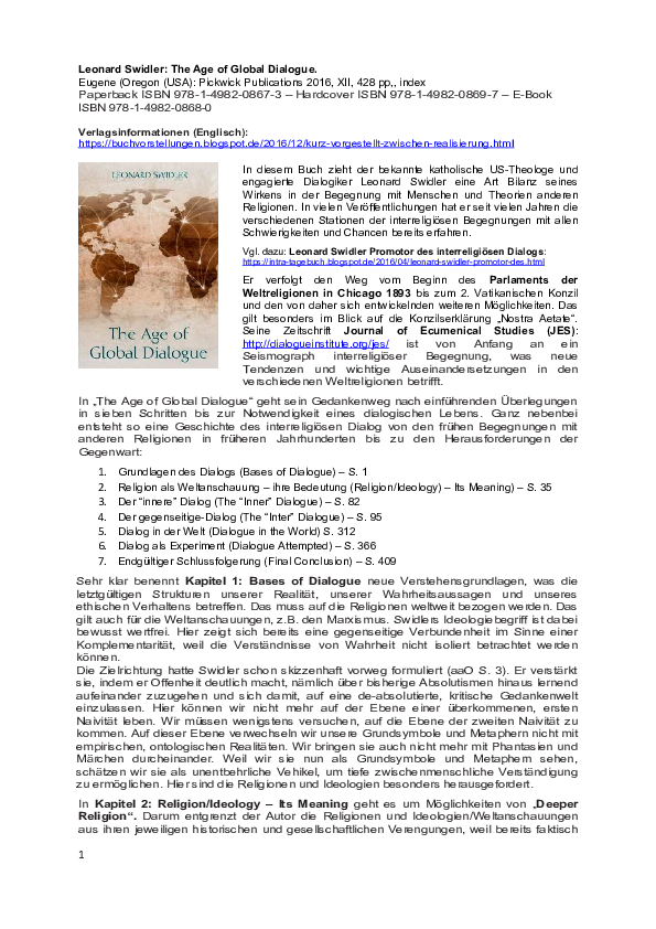 (PDF) Leonard Swidler: The Age of Global Dialogue - the necessity of ...