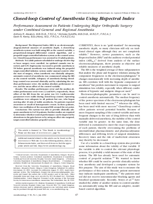 (PDF) Closed-loop Control of Anesthesia Using Bispectral Index: Performance Assessment in ...