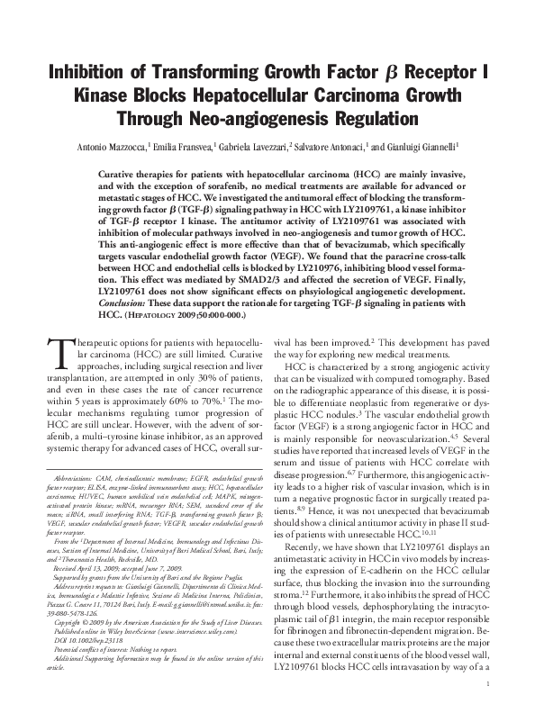 (PDF) Inhibition of transforming growth factor beta receptor I kinase blocks hepatocellular ...