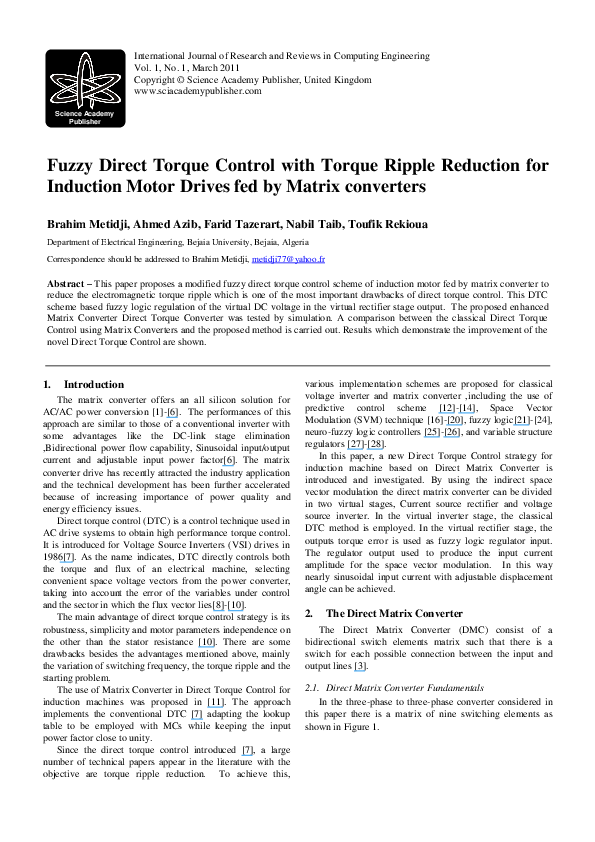 Pdf Fuzzy Direct Torque Control With Torque Ripple Reduction For Induction Motor Drives Fed By