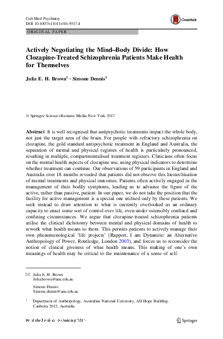 (PDF) Actively Negotiating the Mind–Body Divide: How Clozapine-Treated ...