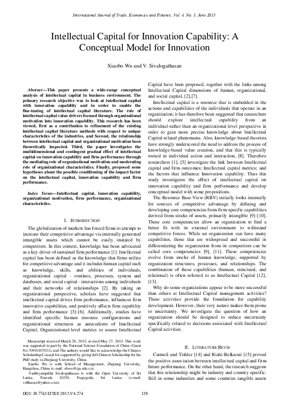 (PDF) Intellectual Capital for Innovation Capability: A Conceptual Model for Innovation