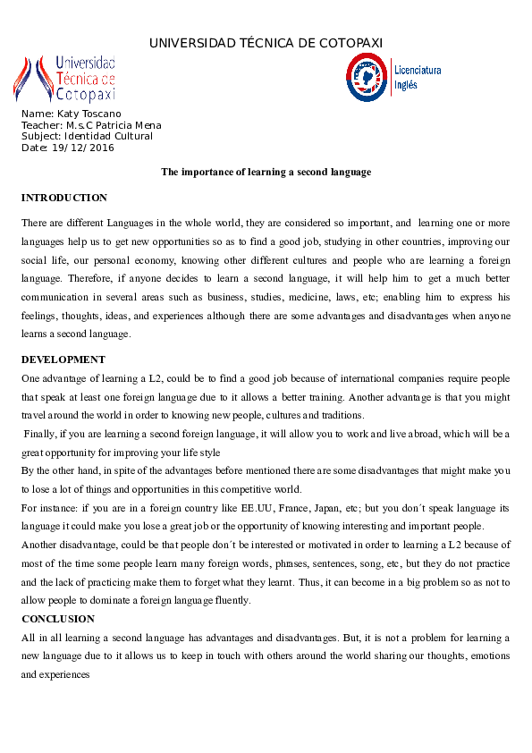 (DOC) The importance of learning a second language