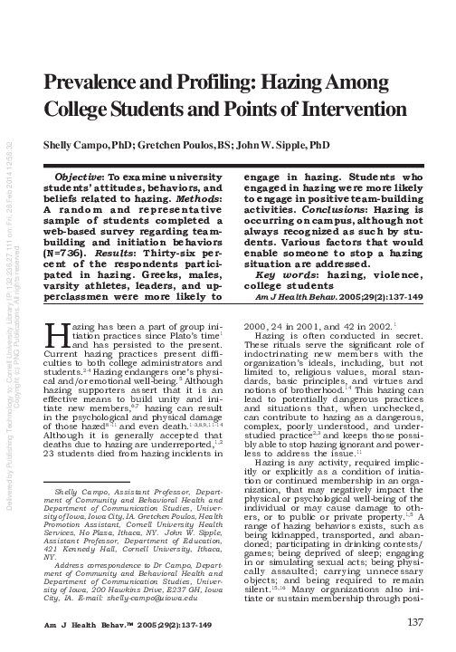 (PDF) Prevalence and Profiling: Hazing Among College Students and ...