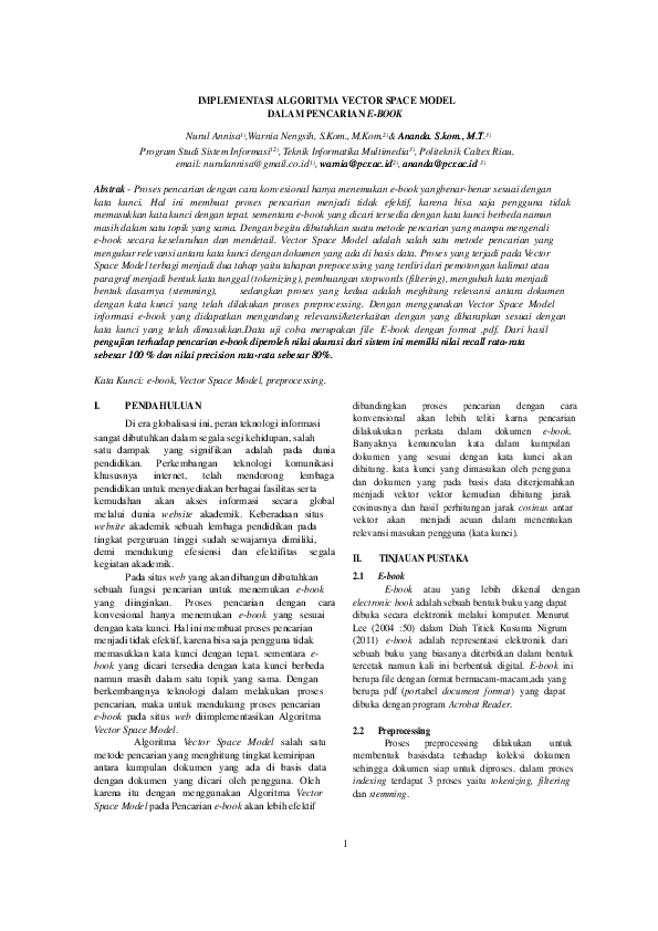 (PDF) IMPLEMENTASI ALGORITMA VECTOR SPACE MODEL DALAM PENCARIAN E-BOOK