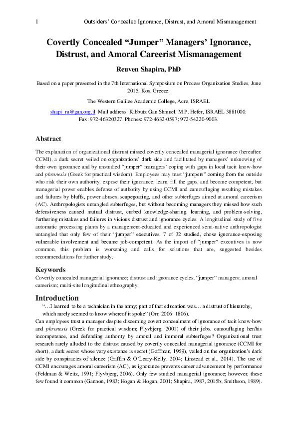 (PDF) Covertly Concealed " Jumper " Managers' Ignorance, Distrust, and ...