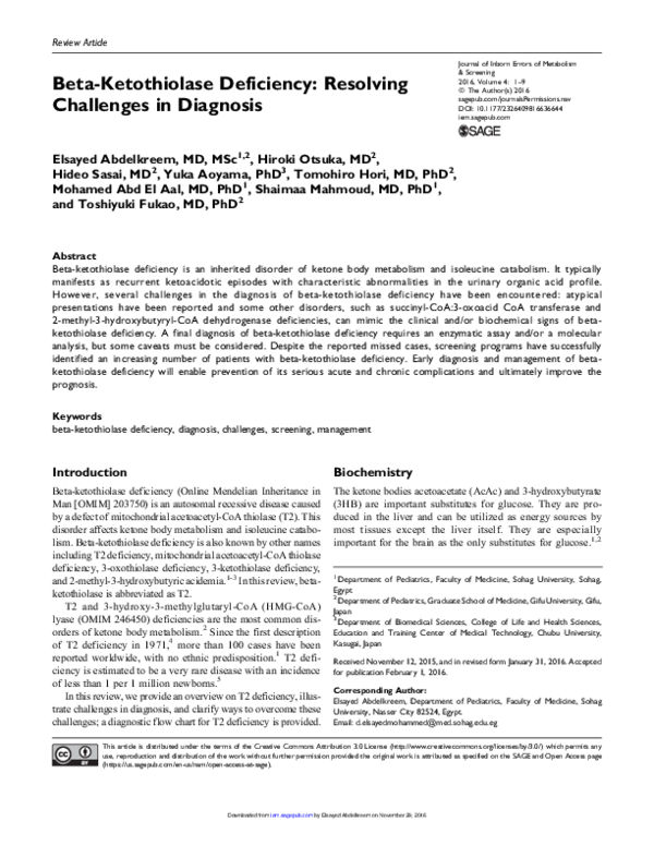 (PDF) Beta-Ketothiolase Deficiency: Resolving Challenges in Diagnosis ...