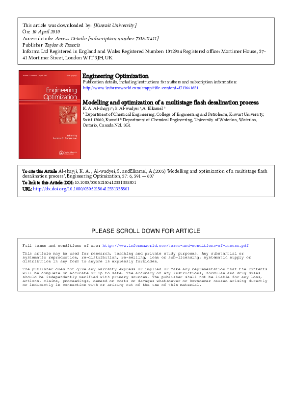 Pdf Modelling And Optimization Of A Multistage Flash Desalination Process Modelling And