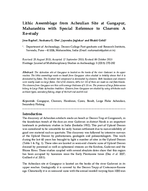 (PDF) Lithic Assemblage from Acheulian Site at Gangapur, Maharashtra with Special Reference to ...