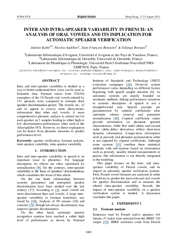 (PDF) Inter and Intra-speaker Variability in French: An Analysis of Oral Vowels and Its ...