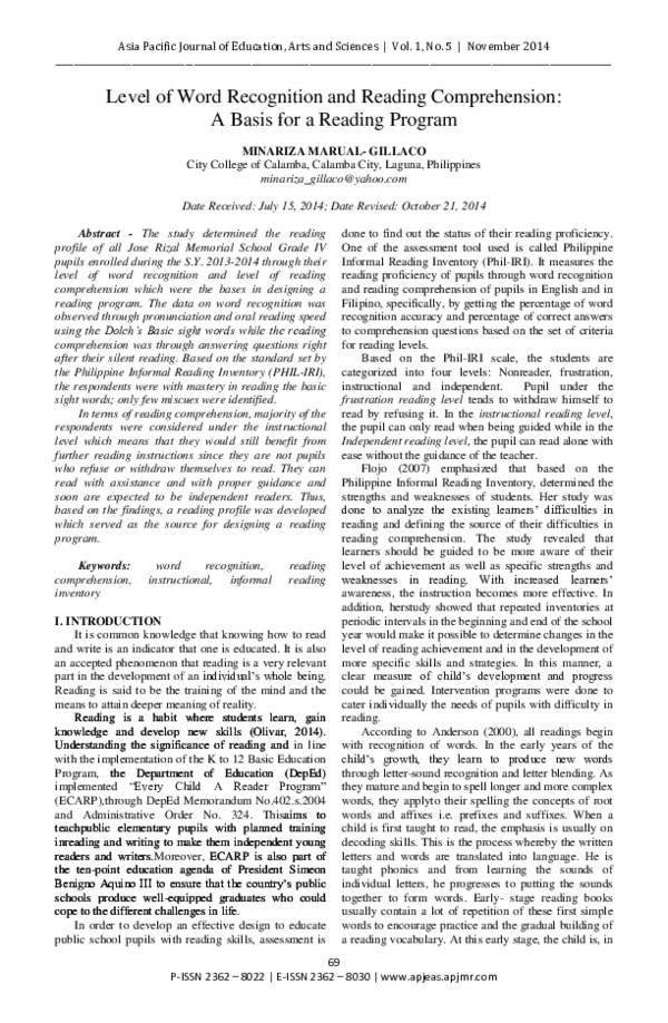 Pdf Level Of Word Recognition And Reading Comprehension A Basis For A Reading Program