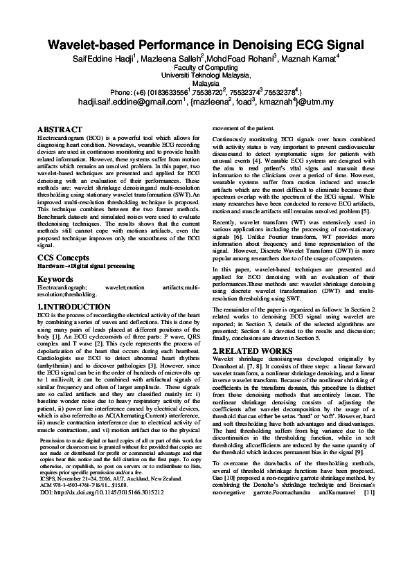 Pdf Wavelet Based Performance In Denoising Ecg Signal