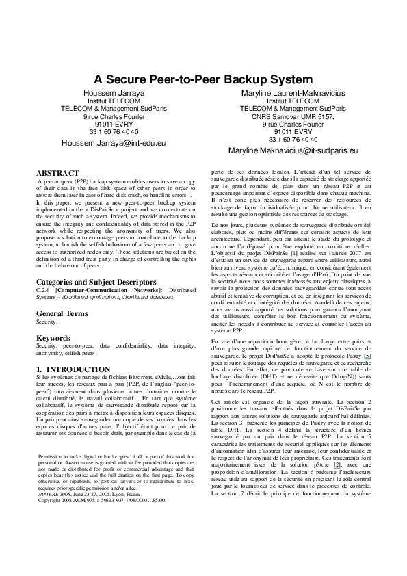 (PDF) A secure peer-to-peer backup system