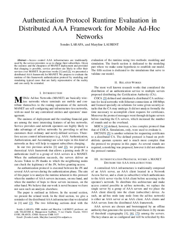 (PDF) Authentication protocol runtime evaluation in distributed AAA framework for Mobile Ad-Hoc ...