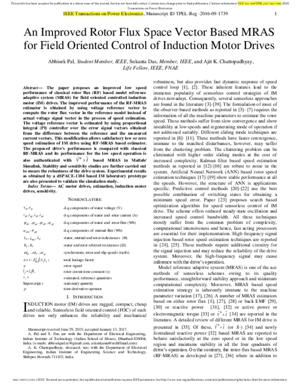 Pdf An Improved Rotor Flux Space Vector Based Mras For Field Oriented Control Of Induction
