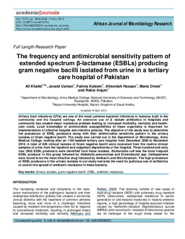 (PDF) Antimicrobial susceptibility pattern and ESBL prevalence in ...