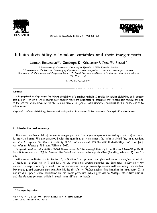 Pdf Infinite Divisibility Of Random Variables And Their Integer Parts