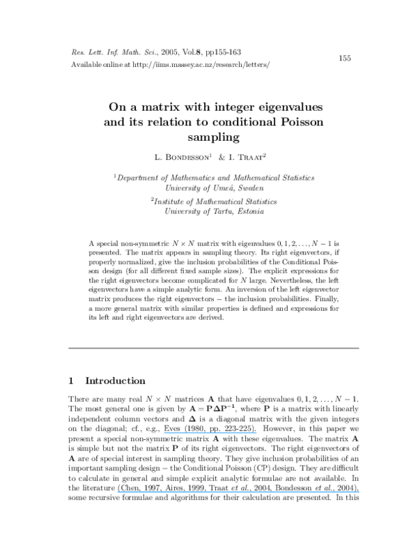 (PDF) On a matrix with integer eigenvalues and its relation to conditional Poisson sampling