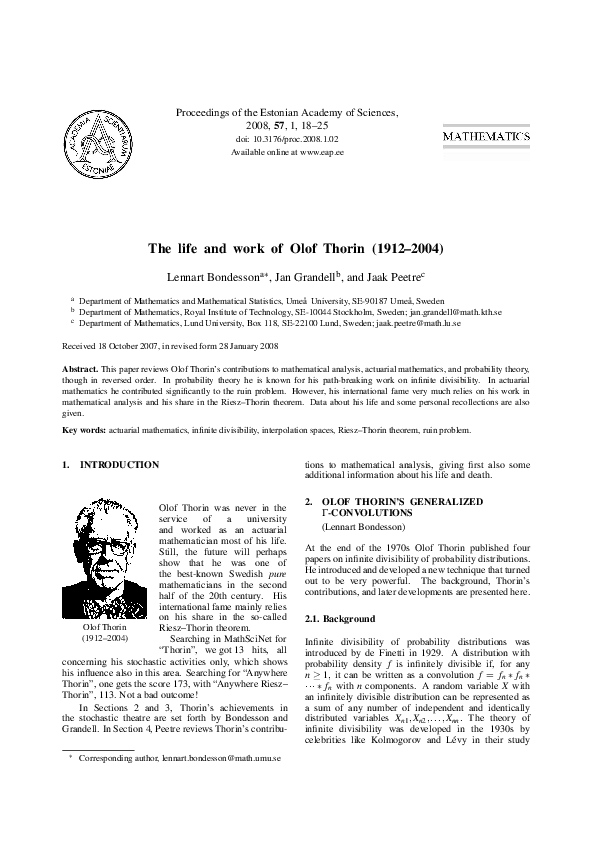 (PDF) The life and work of Olof Thorin (1912–2004)