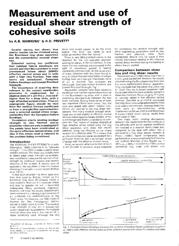 (PDF) Measurement and use of residual shear strength of cohesive soils