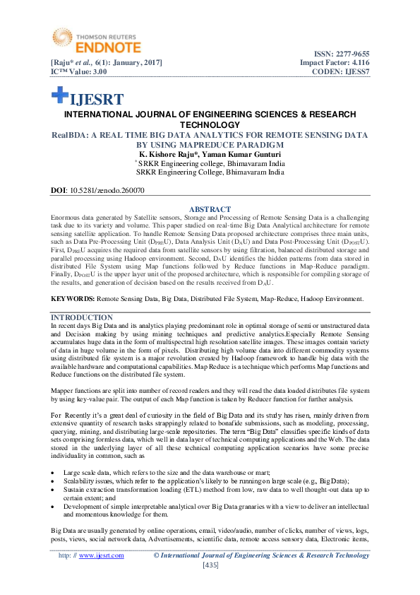 Pdf Realbda A Real Time Big Data Analytics For Remote Sensing Data By Using Mapreduce Paradigm