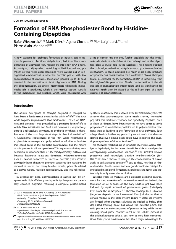 (PDF) Formation of RNA Phosphodiester Bond by Histidine- Containing ...