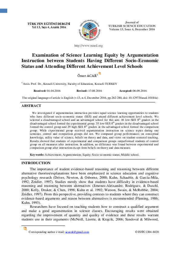 (PDF) Examination of Science Learning Equity by Argumentation ...