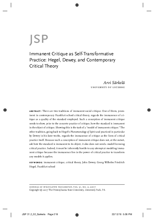 (PDF) Immanent Critique as Self-Transformative Practice: Hegel, Dewey ...