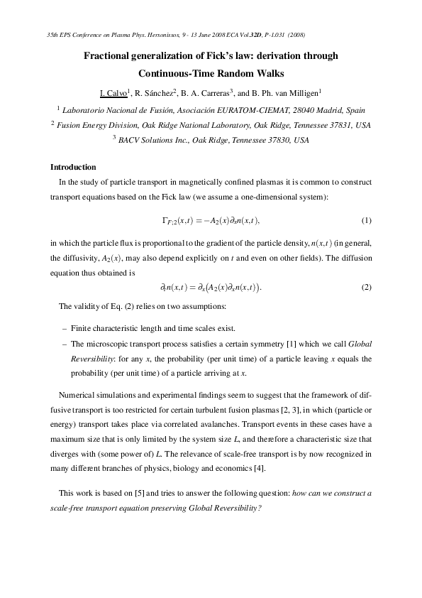 (PDF) Fractional generalization of Fick’s law: derivation through Continuous-Time Random Walks